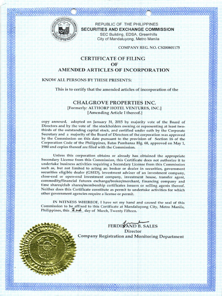 Chalgrove_AOI, COI & ByLaws | PDF | Securities (Finance) | Stocks