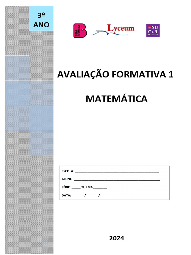 3 Ano Av Formativa 1 MAT Aluno | PDF