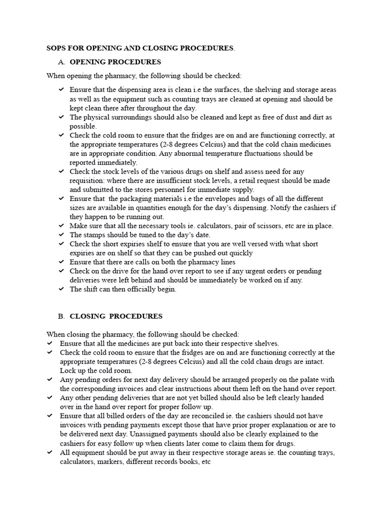 Pharmacy Opening and Closing SOPs | PDF