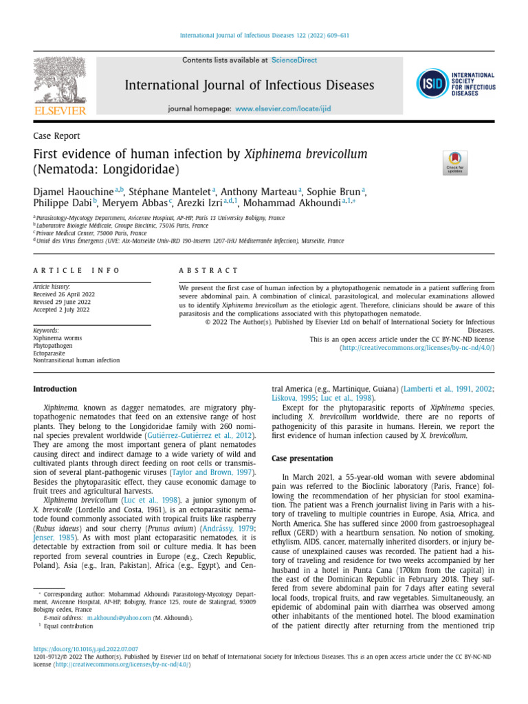 First Evidence of Human Infection Xiphinema Brevicolle | PDF ...
