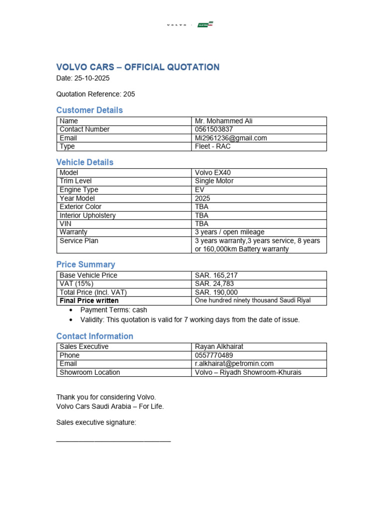 Volvo - Car - Quotation - Mohammed Ali EX40 Single Motor | PDF