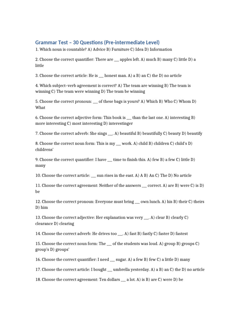 Grammar Test 30 MCQs With Answers | PDF | Noun | Adjective