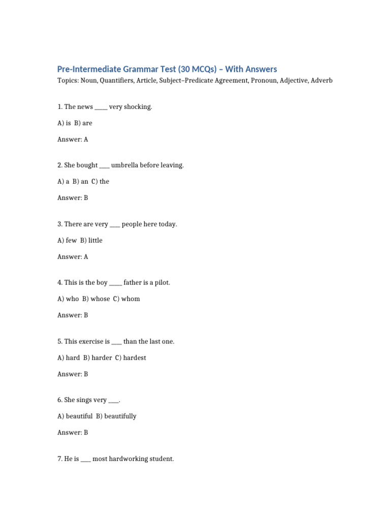 Pre-Intermediate Grammar MCQ Test | PDF