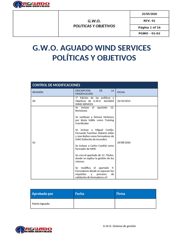 Gwo - 01 - 02 - Gwo Politicas y Objetivos Rev 01 | PDF | Reanimación ...