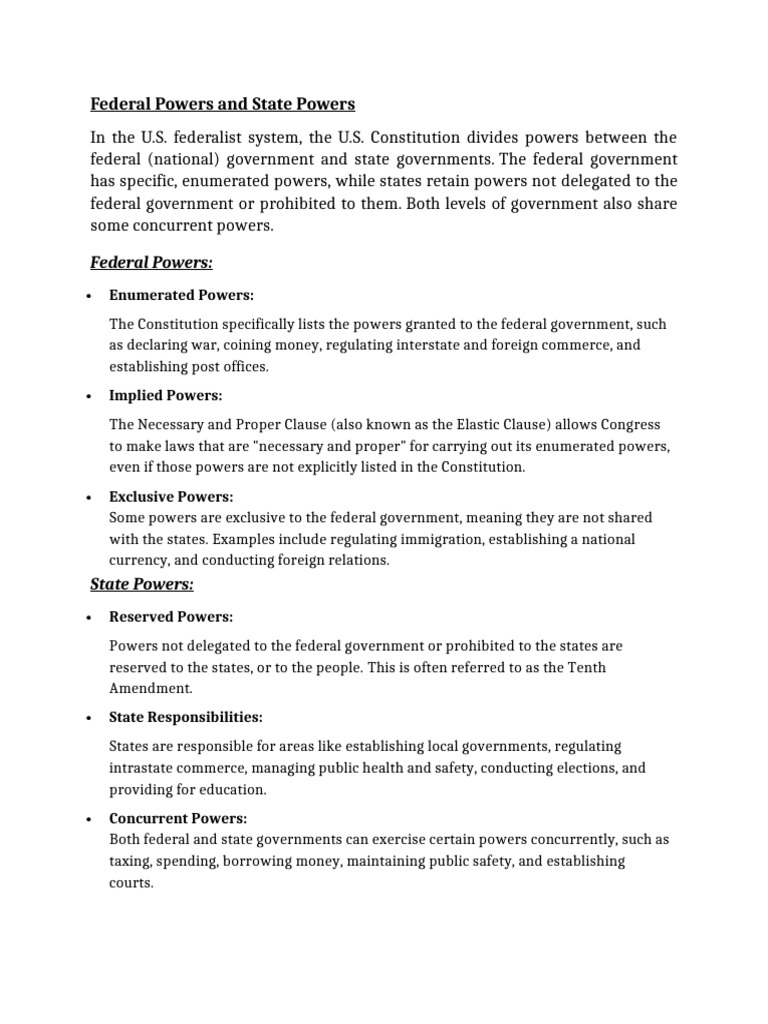Federal vs. State Powers Explained | PDF