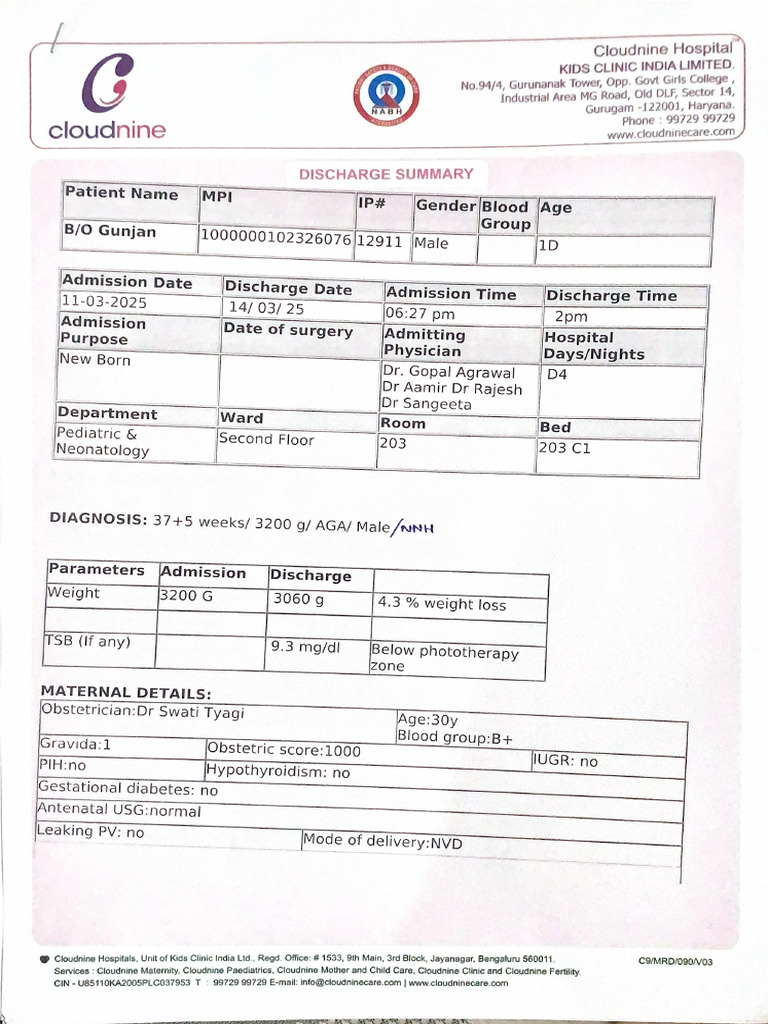 Baby Discharge Summary | PDF