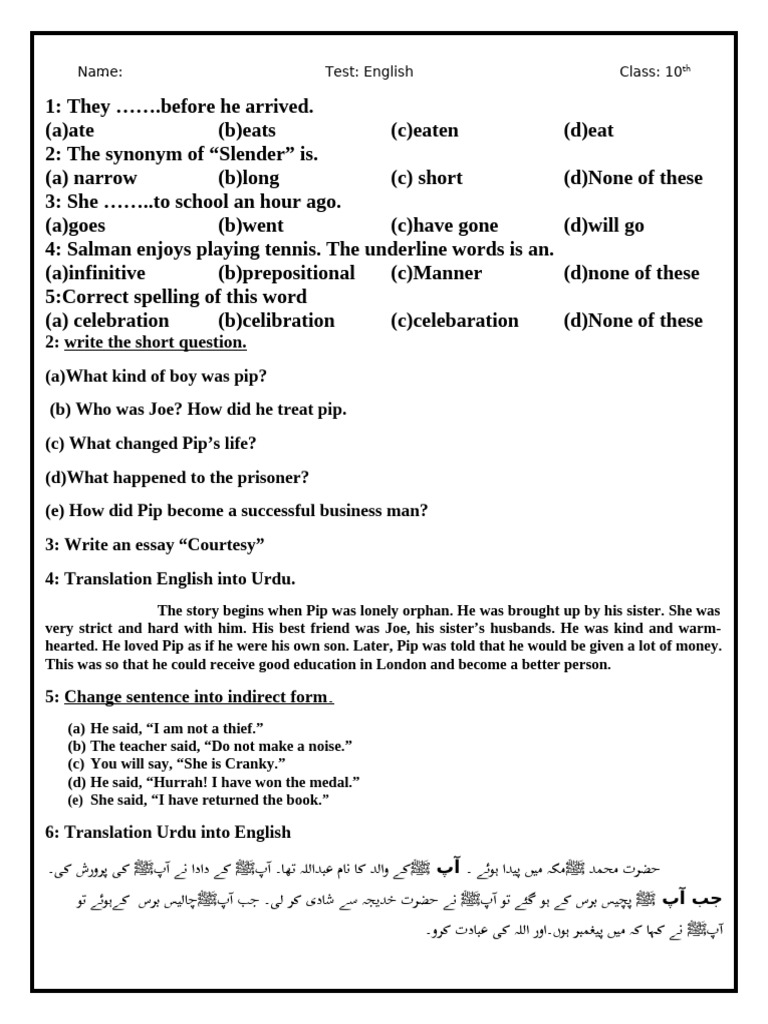 10th Grade English Test Questions | PDF