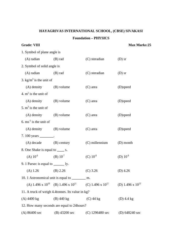 Grade VIII Physics Quiz Questions | PDF | Quantity | Density