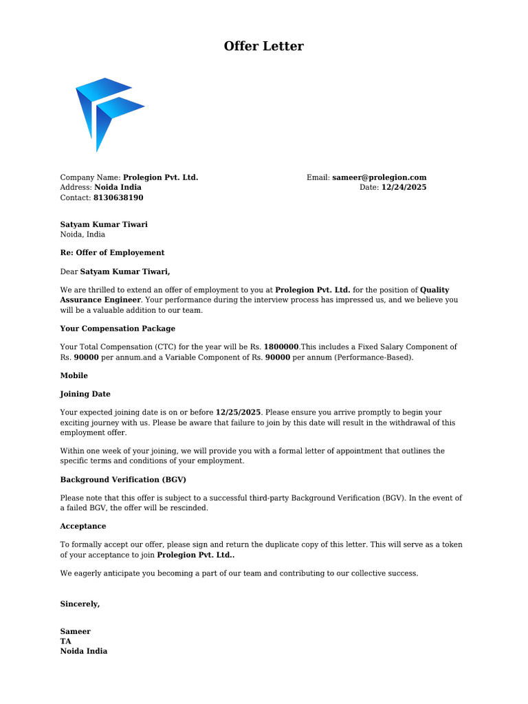 Offer Letter by Hrone | PDF