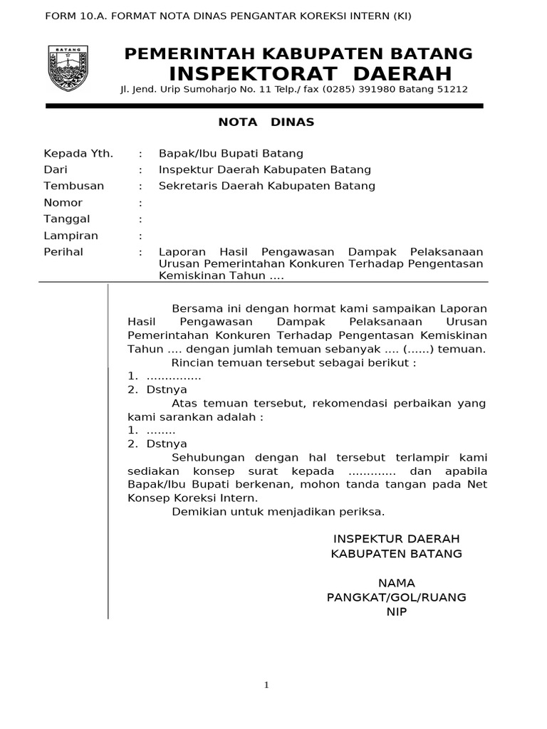 Form 10 A. Format Nota Dinas Pengantar Ki | PDF
