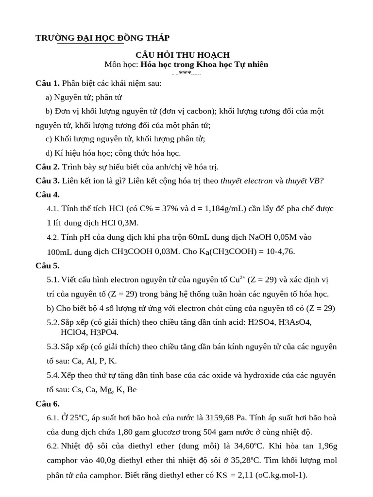 Cau Hoi Thu Hoach-Hoa Hoc Trong KHTN-DDHKHTN24-L2, L4, B2-HCM | PDF