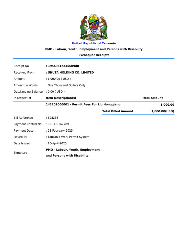 Tanzania Work Permit Payment Receipt | PDF