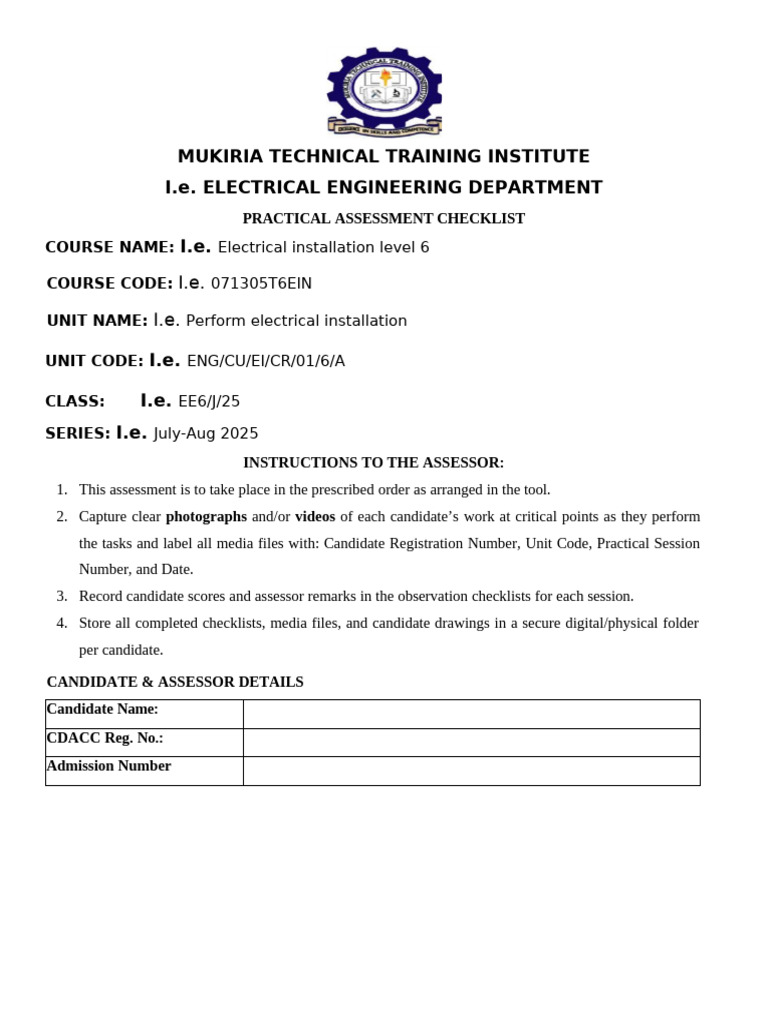 Electrical Installation Assessment Checklist | PDF