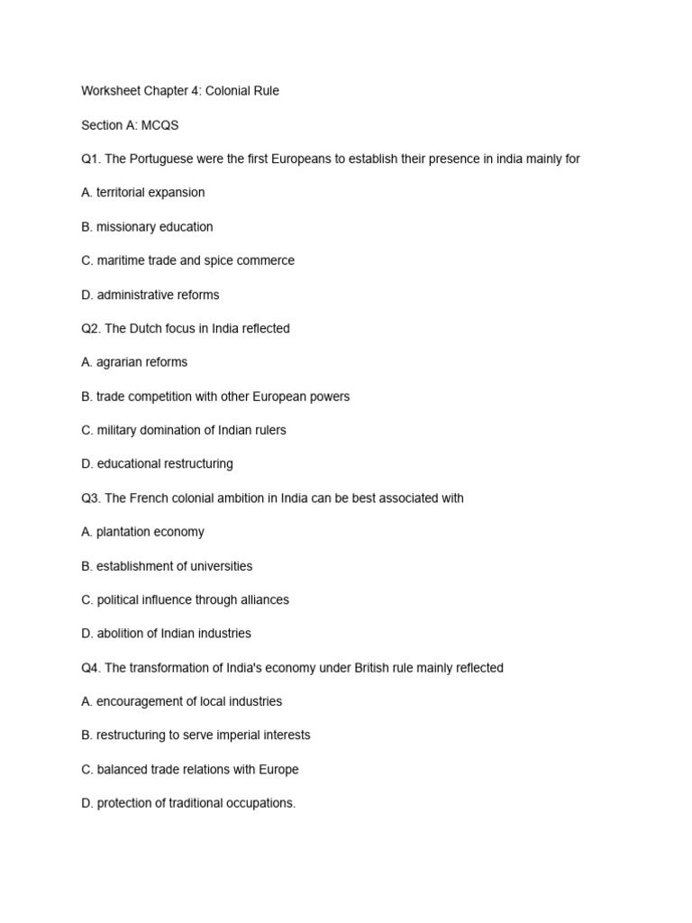 Worksheet Chapter 4- Colonial Rule | PDF | British Empire