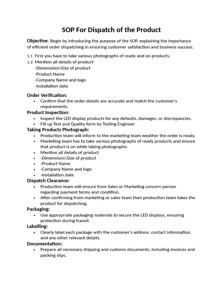 SOP for Efficient Product Dispatch | PDF | Mail | Business