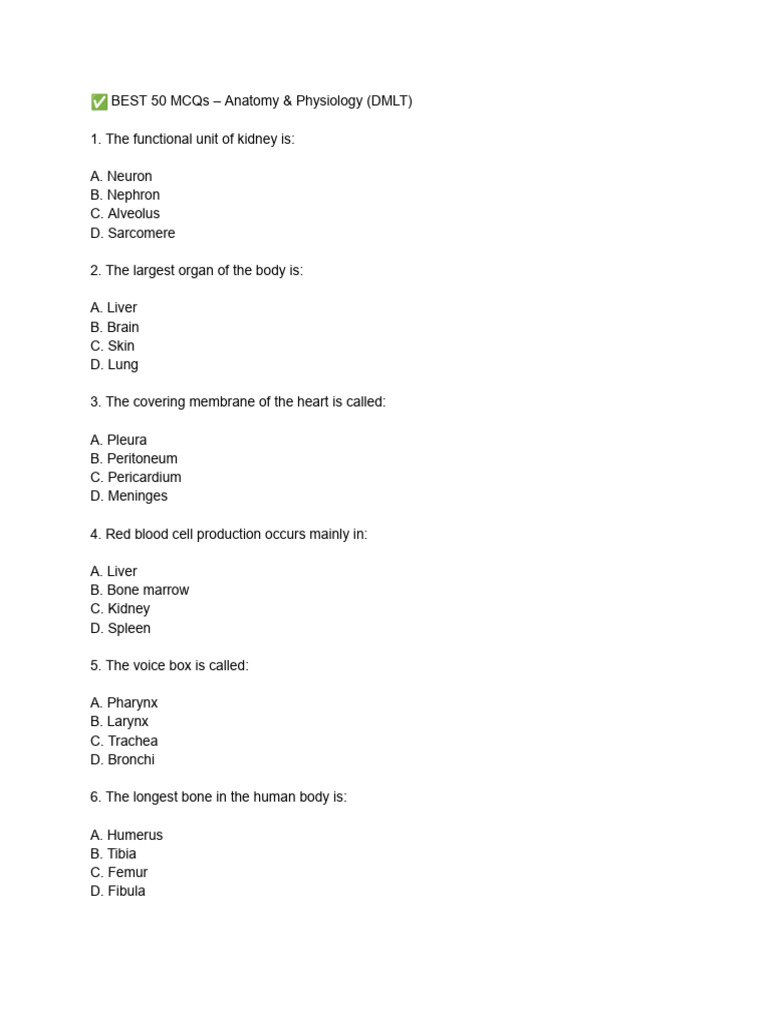 Best 50 MCQ On Anatomy and Physiology | PDF | Human Body | Kidney