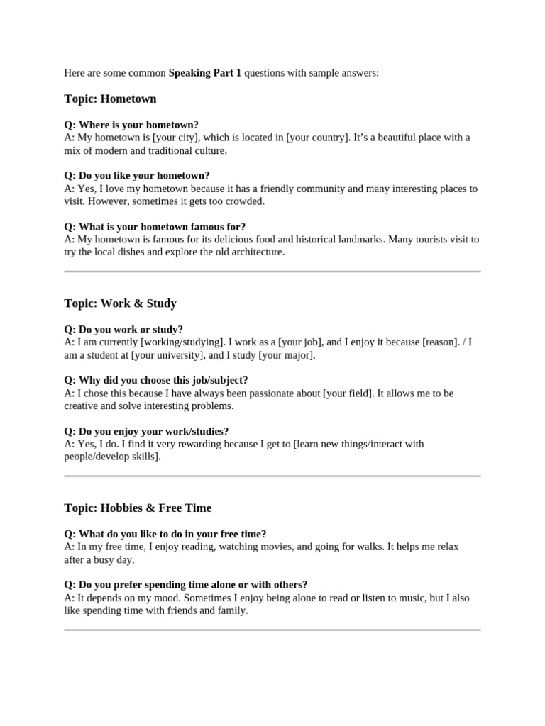 Common Speaking Part 1 Questions & Answers | PDF