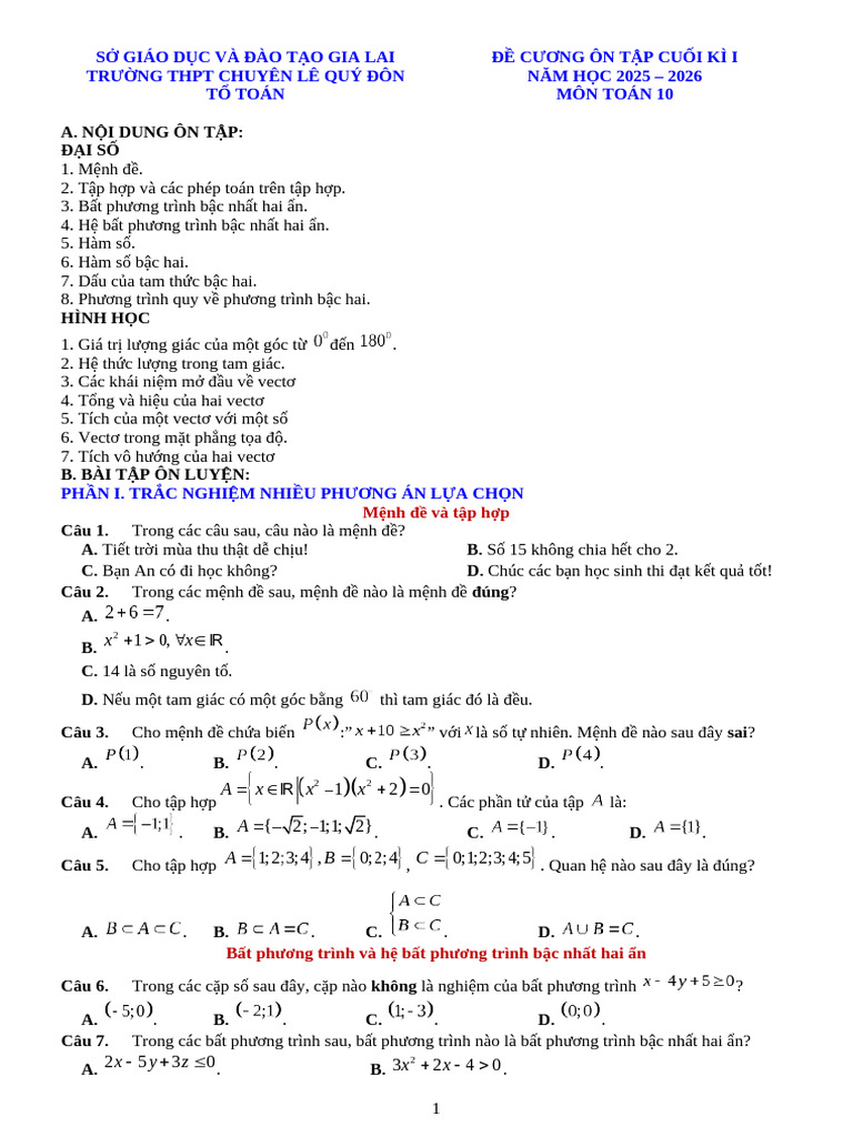 Đề Cương Ôn Tập Cki Toán 10 (2025-2026) Lqdd | PDF