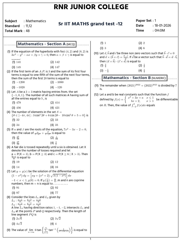 Sr_IIT_MATHS_grand_test_-12_1023646_1_1768584105 | PDF | Matrix ...