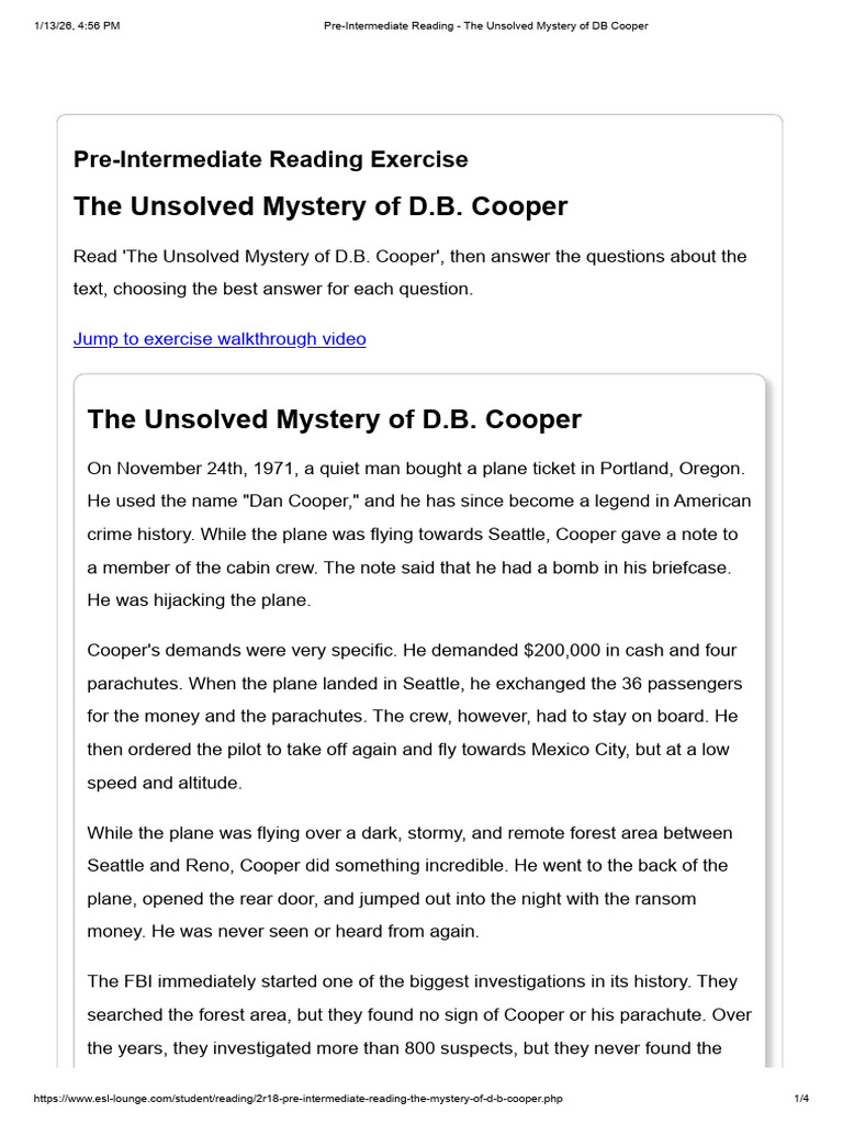Pre-Intermediate Reading - The Unsolved Mystery of DB Cooper | PDF ...