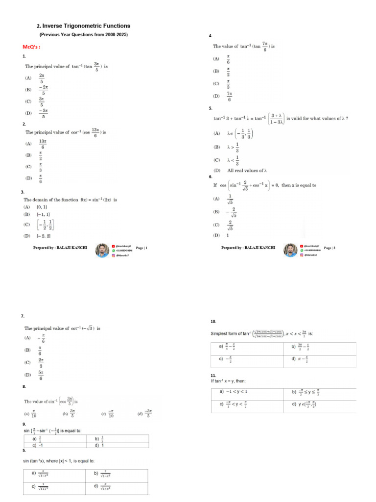 2. Inverse Trigonometric Functions PYQ's 2008-2025 (BALAJI KANCHI) | PDF | Mathematical ...