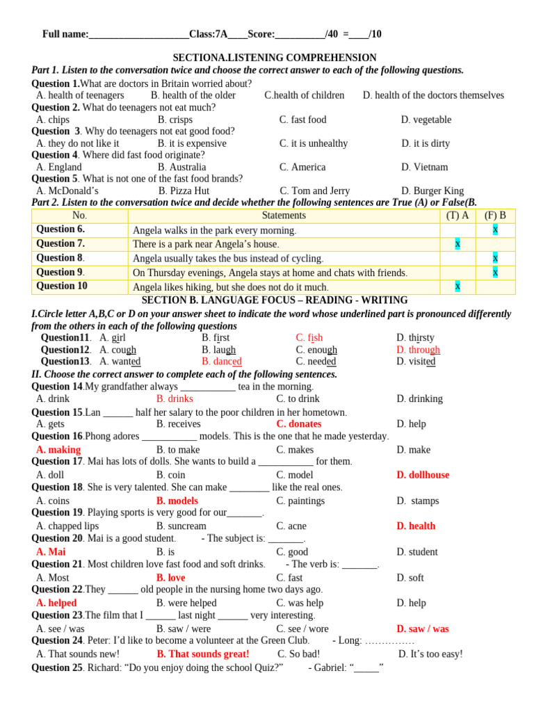 7A Listening and Language Comprehension Test | PDF