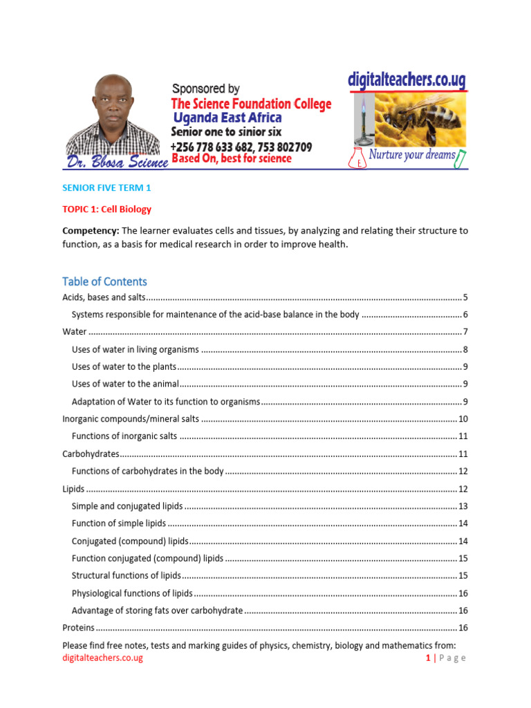 Free Senior Five Biology Notes | PDF | Lipid | Proteins