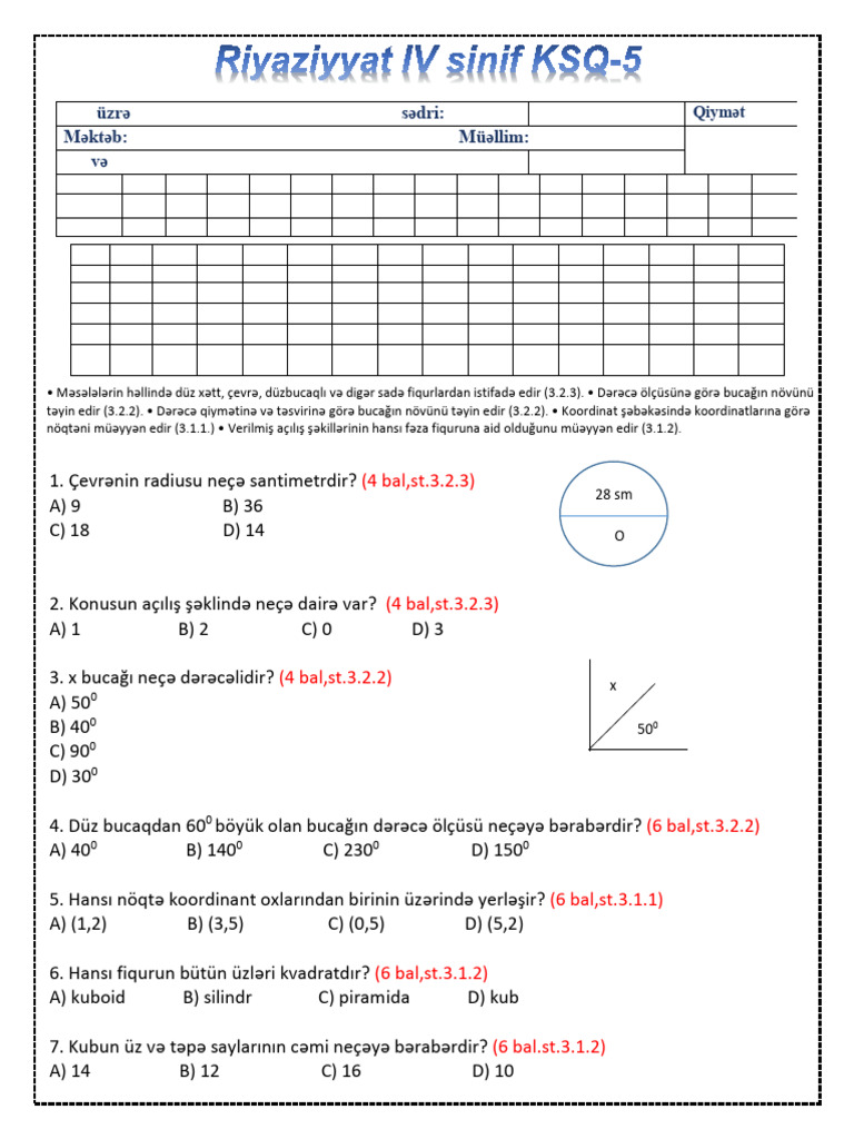 PAYLAŞMA.ödənİŞLİ.4 Cü Sinif Riyaziyyat KSQ 5 II Variant(Fayilə Müəllimə) | PDF