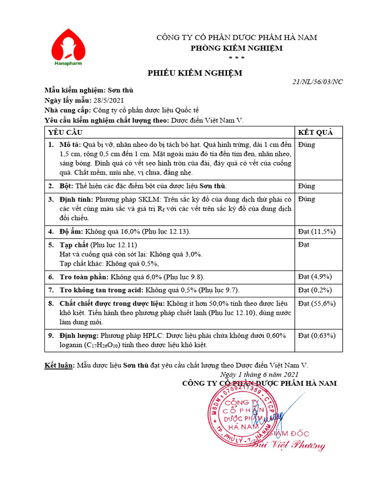 3. Phiếu kiểm nghiệm nguyên liệu làm thuốc cổ truyền - Sơn thù | PDF