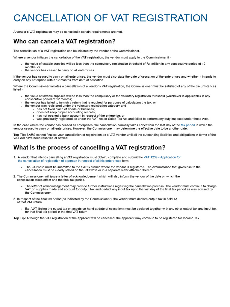 VAT Registration Cancellation Process Guide | PDF | Value Added Tax | Taxes