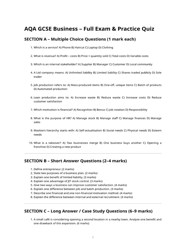 AQA GCSE Business Exam Practice Quiz | PDF | Workforce Productivity ...