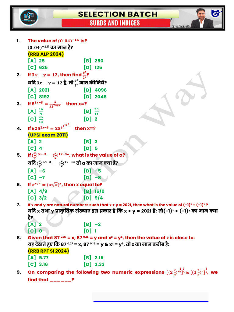 Surds and Indices Sheet | PDF | Numbers | Mathematical Objects
