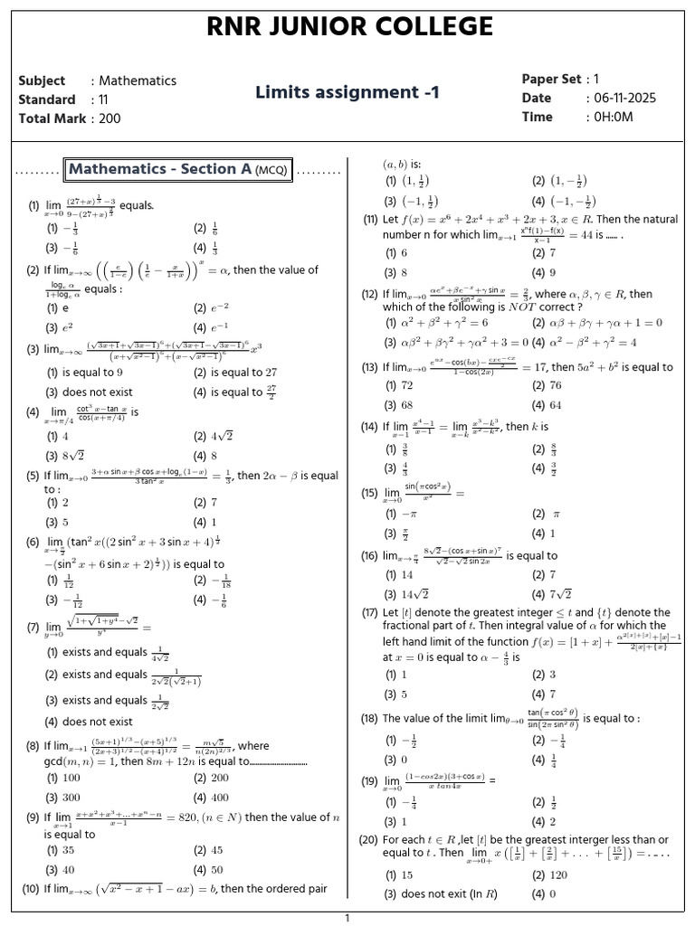 Limits Assignment - 1: Mathematics - Section A | PDF | Square Root ...