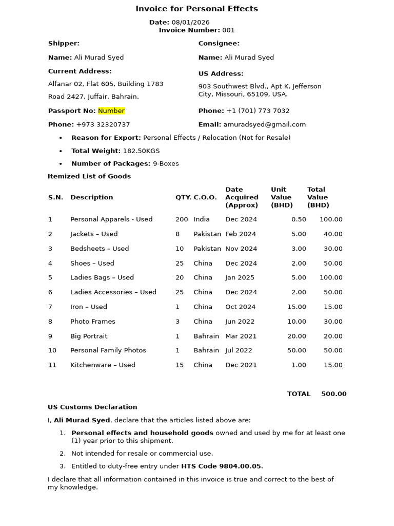 Personal Effects Invoice for Relocation | PDF