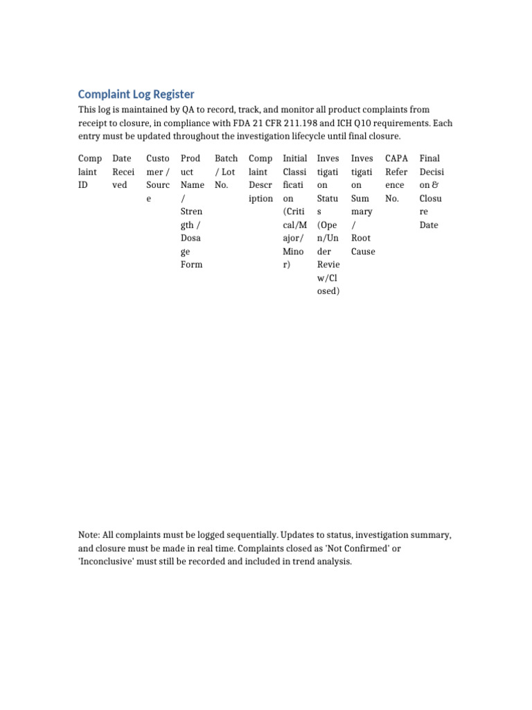 Professional Complaint Log | PDF