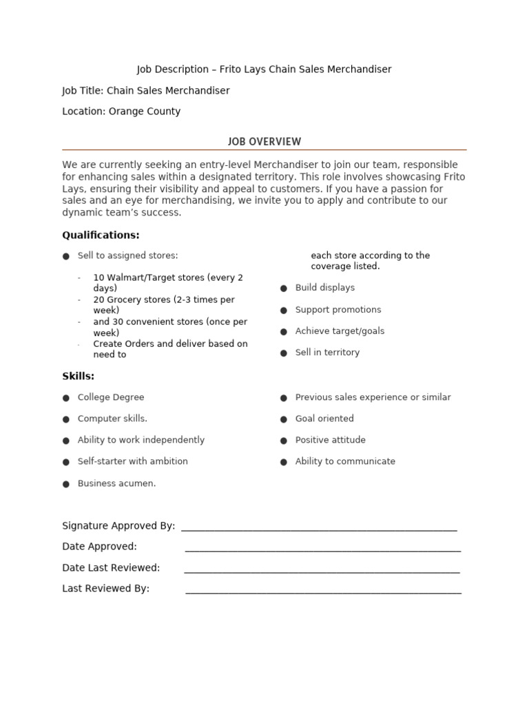 Job Description Frito Lays | PDF