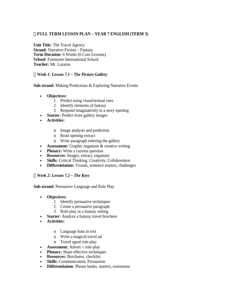Year 7 English Lesson Plan: Travel Agency | PDF | Poetry | Narrative