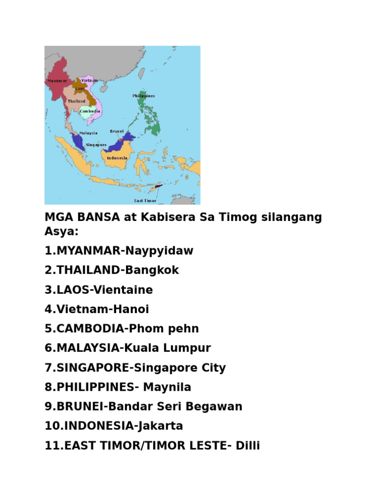 MGA BANSA at Kabisera Sa Timog Silangang Asya | PDF