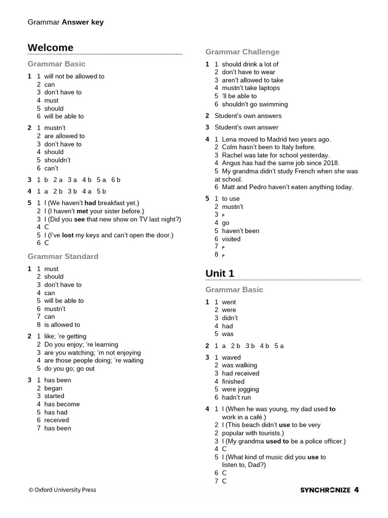 Synchronize4 TRB Worksheets Answer Key Grammar | PDF