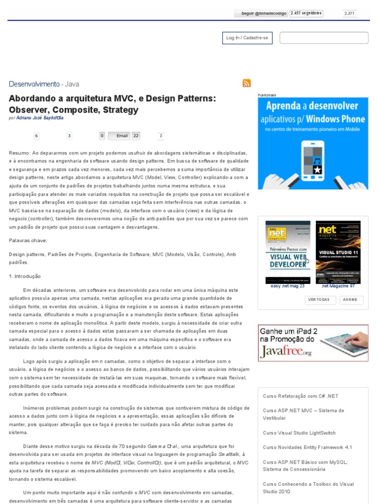 Abordando A Arquitetura Mvc E Design Patterns Observer Composite Strategy Pdf Model View 