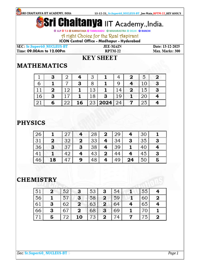 13-12-2025 Sr.super60 Nucleus-bt Jee-main Rptm-22 Key & Sol's | PDF | P–N Junction | Electronics