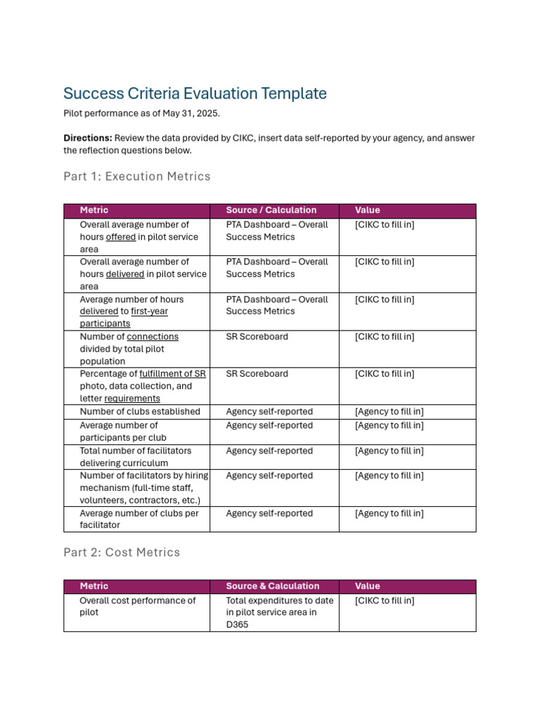 Pilot Success Criteria Evaluation Template | PDF