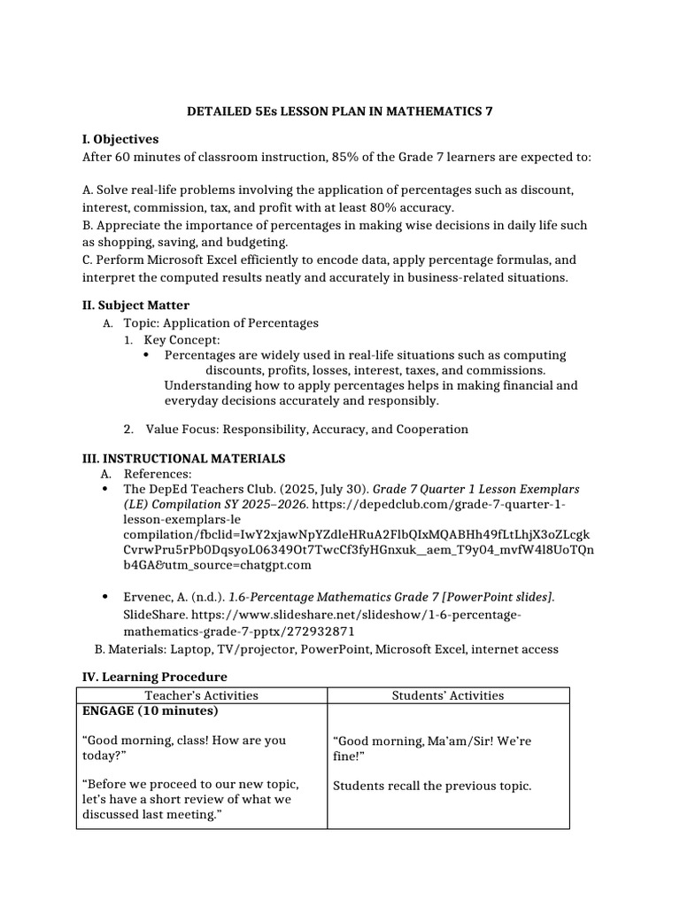 Grade 7 Percentages Lesson Plan | PDF | Interest | Percentage