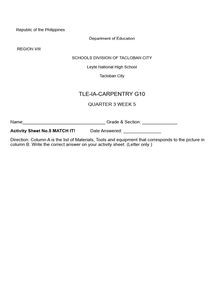 Carpentry G10 Activity Sheets: Tools & Scaffolding | PDF