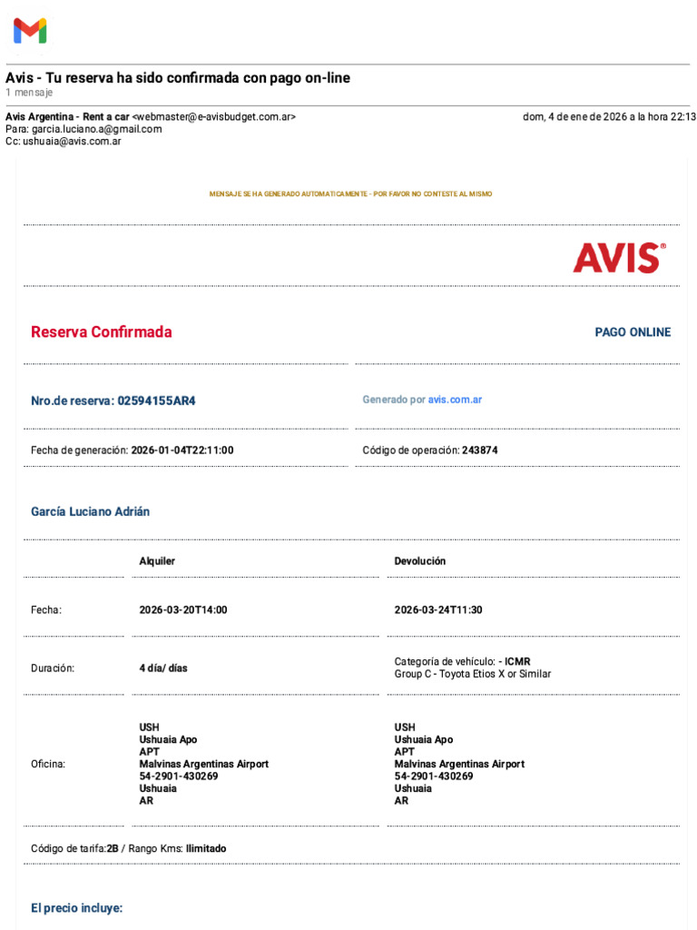 Gmail - Avis - Tu Reserva Ha Sido Confirmada Con Pago on-line | PDF