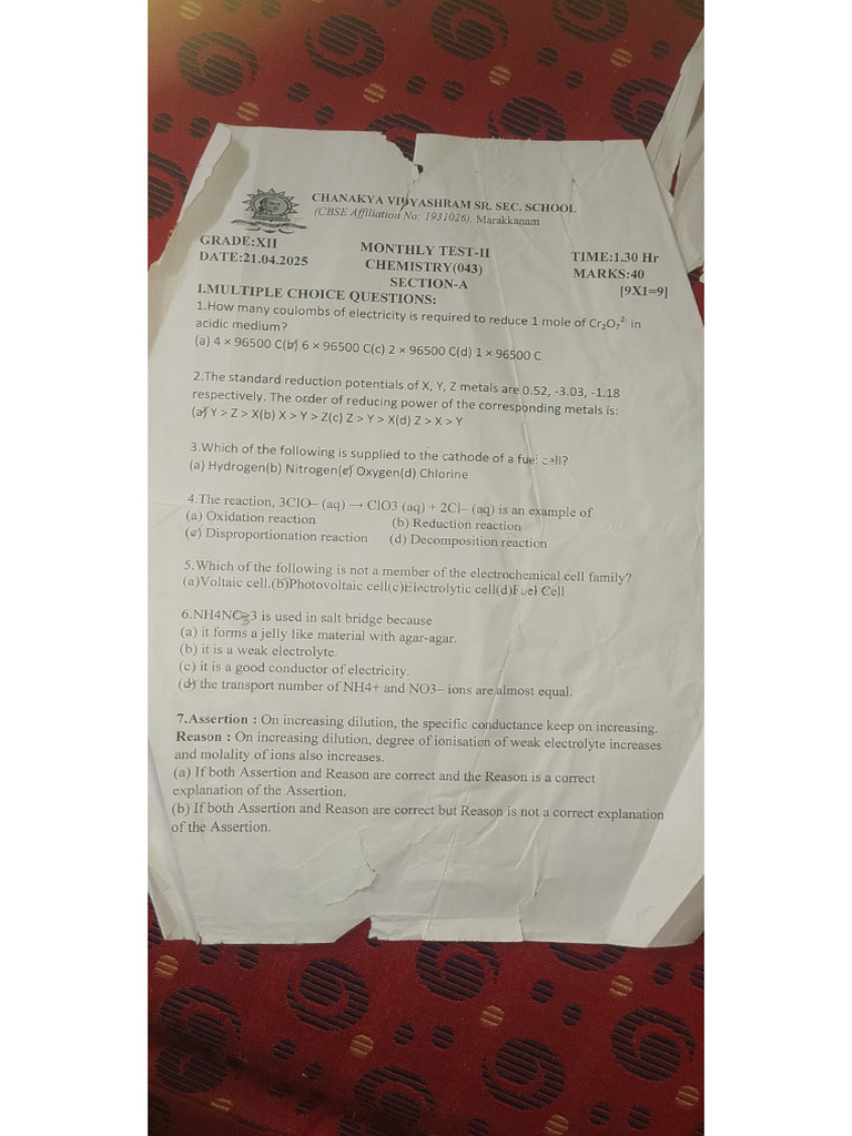 Chemistry Monthly Test-2 | PDF