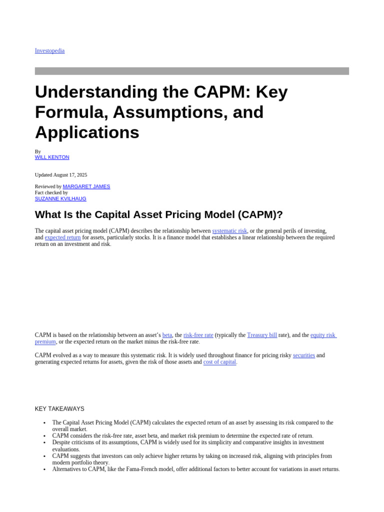 CAPM Explained: Formula and Applications | PDF | Capital Asset Pricing ...