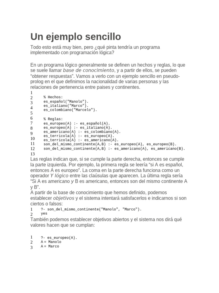 Programación Lógica con Prolog: Ejemplo Sencillo | PDF | Lenguaje de ...