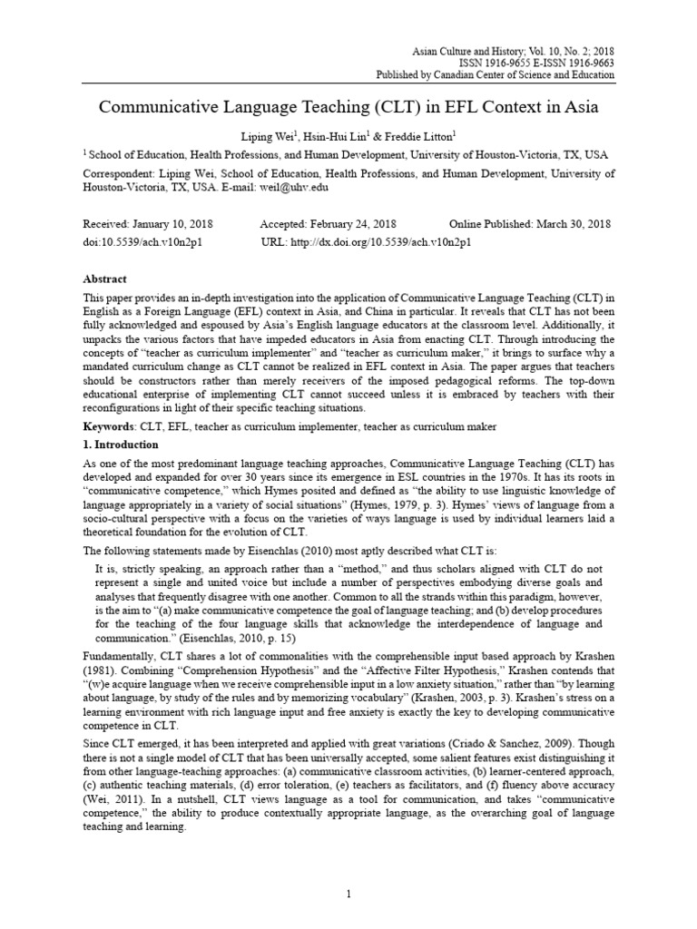 Communicative Language Teaching CLT in E | PDF | English As A Second Or ...