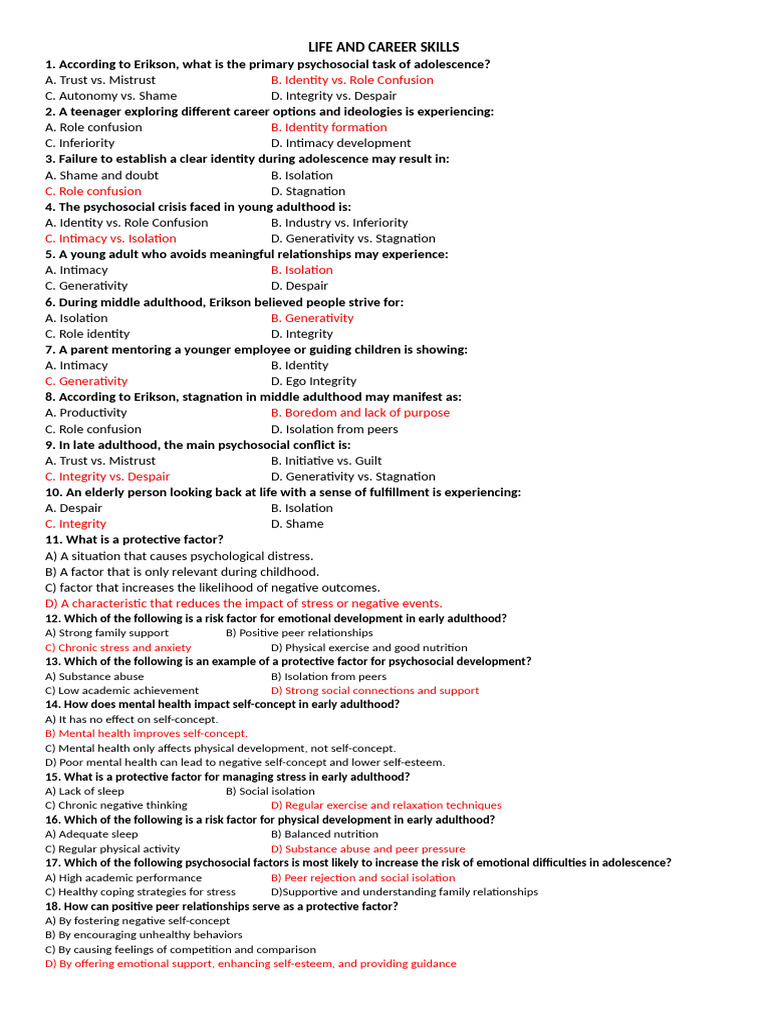 LIFE AND CAREER SKILLS long quiz | PDF | Mental Health | Self Concept